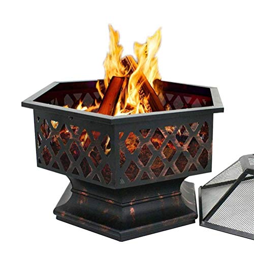 LEAYAN Garden Fire Pit Grill Bowl Grill Barbecue Rack Outdoor Fire Pits Portable Metal Fire Pit Hexagon Design Fireplace Stove with Mesh Screen Cover Fireplace Stove Wood Burning