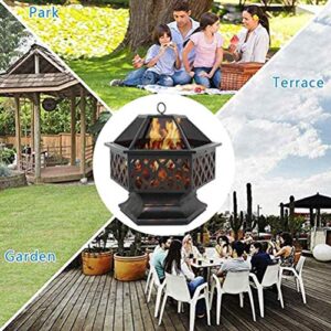 LEAYAN Garden Fire Pit Grill Bowl Grill Barbecue Rack Outdoor Fire Pits Portable Metal Fire Pit Hexagon Design Fireplace Stove with Mesh Screen Cover Fireplace Stove Wood Burning