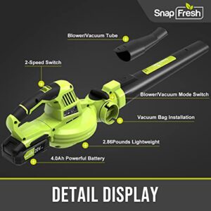 Cordless Blower & Vacuum - SnapFresh 2 in 1 Electric Blower with 4.0Ah Lithium Battery & 2h Fast Charger, 20V Handheld Vacuum Sweeper with Bag for Small Trash, Car, Dust, Pet Hair, Corner Cleaning