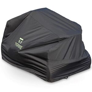 Terre Products, Heavy Duty Waterproof Riding Lawn Mower Cover, Fits Most Small to Medium Lawn Tractors, 600D Polyester Oxford UV and Water Resistant, Windproof Drawstring Security Hem Designed for Storage and Trailering