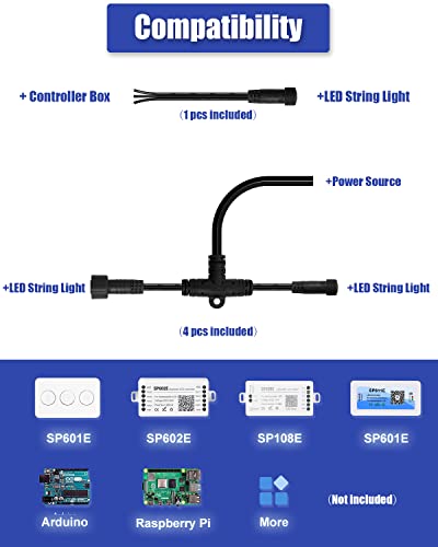 GMJYC 12V 500pcs WS2811 Pixels Individually Addressable IP68 Diffused Digital RGB LED String Light with 3 Pin Waterproof Connector 12mm Dream Color Black Wire for Christmas/Garden, witn 4 T-Connectors