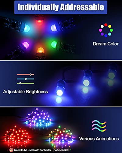 GMJYC 12V 500pcs WS2811 Pixels Individually Addressable IP68 Diffused Digital RGB LED String Light with 3 Pin Waterproof Connector 12mm Dream Color Black Wire for Christmas/Garden, witn 4 T-Connectors