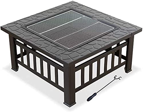 LEAYAN Garden Fire Pit Grill Bowl Grill Barbecue Rack Fire Pit,Outdoor Wood Burning Firebowl Fireplace Poker Spark Screen Retardant Mesh Lid Extra Deep Large Square Deck Heavy Duty Metal Grate