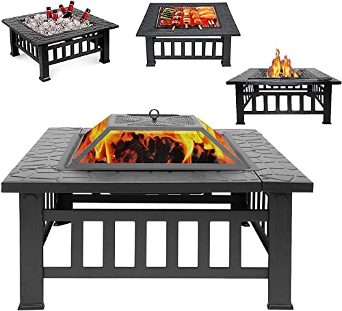 LEAYAN Garden Fire Pit Grill Bowl Grill Barbecue Rack 32 Inch Wood Burning Outdoor Fire Pit, Rectangle Metal Brazier Fireplace, Table Top Firepit Bowl with Spark Screen Poker, for Camping Bonfire