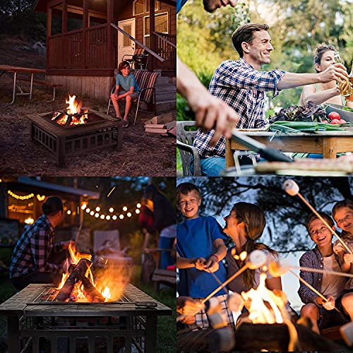 LEAYAN Garden Fire Pit Grill Bowl Grill Barbecue Rack 32 Inch Wood Burning Outdoor Fire Pit, Rectangle Metal Brazier Fireplace, Table Top Firepit Bowl with Spark Screen Poker, for Camping Bonfire