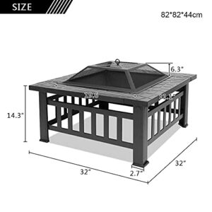 LEAYAN Garden Fire Pit Grill Bowl Grill Barbecue Rack 32 Inch Wood Burning Outdoor Fire Pit, Rectangle Metal Brazier Fireplace, Table Top Firepit Bowl with Spark Screen Poker, for Camping Bonfire