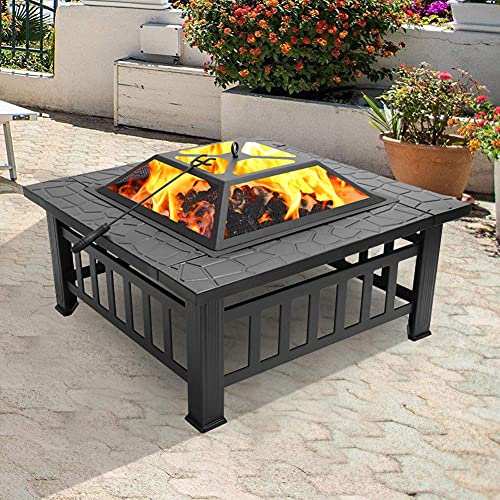 LEAYAN Garden Fire Pit Grill Bowl Grill Barbecue Rack 32 Inch Wood Burning Outdoor Fire Pit, Rectangle Metal Brazier Fireplace, Table Top Firepit Bowl with Spark Screen Poker, for Camping Bonfire