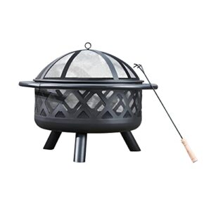 teamson home steel wood burning fire pit with spark screen and fireplace poker for outdoor patio garden backyard decking, 30 inch length, black