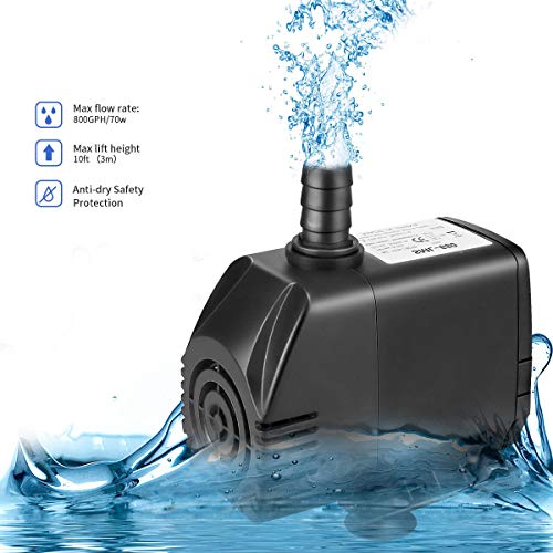 Winkeyes 800GPH Fountain Pump, 70W Outdoor Fountain Pump with Anti Dry Burning, Ultra Quiet Submersible Pond Pump with 10ft High Lift, 5.9ft Power Cord, 3 Nozzles, No Water Flow Adjustment (Black-70W)