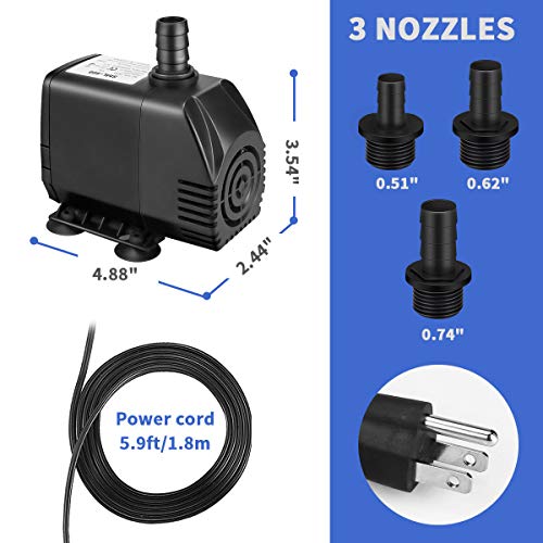 Winkeyes 800GPH Fountain Pump, 70W Outdoor Fountain Pump with Anti Dry Burning, Ultra Quiet Submersible Pond Pump with 10ft High Lift, 5.9ft Power Cord, 3 Nozzles, No Water Flow Adjustment (Black-70W)