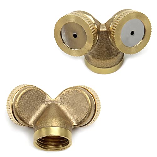 Yinpecly 1/4 Inch BSPF Brass Misting Nozzles 2 Hole Garden Sprinklers Low Pressure Replacement Brass Heads for Patio Lawn, Landscaping, Dust Control, Outdoor Cooling 2Pcs