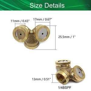 Yinpecly 1/4 Inch BSPF Brass Misting Nozzles 2 Hole Garden Sprinklers Low Pressure Replacement Brass Heads for Patio Lawn, Landscaping, Dust Control, Outdoor Cooling 2Pcs