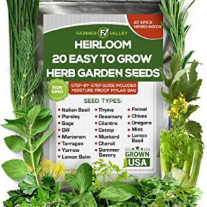 20 Most Needed Spice Seeds for Home Gardening - Kitchen & Culinary Herb Plant Seeds for Indoor, Outdoor, and Hydroponic Growing, Including Basil, Parsley, Rosemary, Mint & More