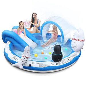 inflatable play center, evajoy kiddie pool with slide for children, sprinkler, ice & snow theme with inflatable dolls, easy setup for garden, backyard, indoor usage