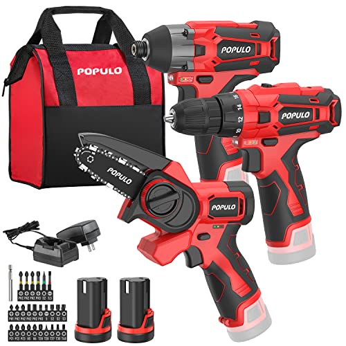 12V Cordless Power Tool Combo Kits, 3-1/2" Brushless Electric Mini Chainsaw, 3/8" Power Drill Driver, 1/4" Impact Driver Set with 2Pcs 2.0Ah Lithium Batteries for Household Projects and DIY (3-Tool)