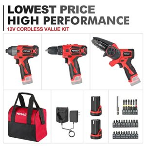 12V Cordless Power Tool Combo Kits, 3-1/2" Brushless Electric Mini Chainsaw, 3/8" Power Drill Driver, 1/4" Impact Driver Set with 2Pcs 2.0Ah Lithium Batteries for Household Projects and DIY (3-Tool)