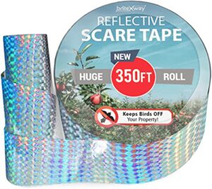 premium quality bird deterrent reflective scare tape ribbon 350 ft long – pest control dual-sided repellent for pigeons, grackles, woodpeckers, geese, herons, blackbirds & more – sturdy & ultra strong