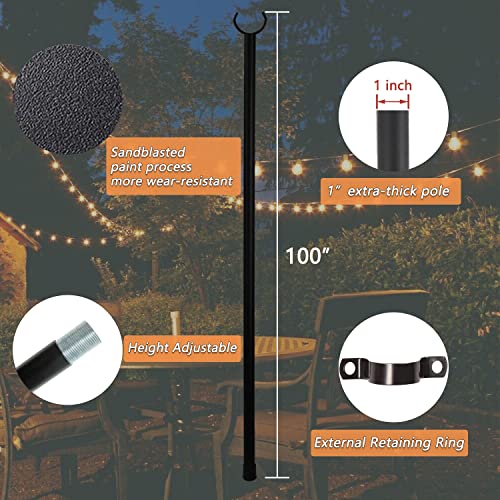 RINLAIN Outdoor String Light Poles 2 Pack, 8.3ft Height Adjustable Metal Stand Pole with Hooks for Hanging String Lights，Garden, Backyard, Patio Lighting Stand for Parties, Wedding (Black)