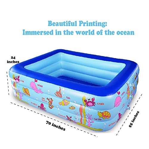 Inflatable Swimming Pool with Inflatable Soft Floor, 70" x 55" x 24" Blow Up Pool for Kids and Adults, Ocean World Kiddie Pool for Backyard, Garden, Outdoor, Party