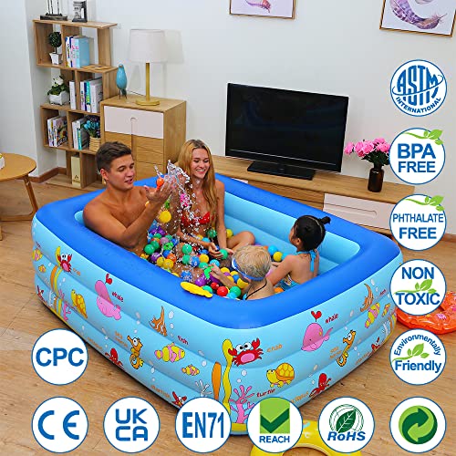 Inflatable Swimming Pool with Inflatable Soft Floor, 70" x 55" x 24" Blow Up Pool for Kids and Adults, Ocean World Kiddie Pool for Backyard, Garden, Outdoor, Party