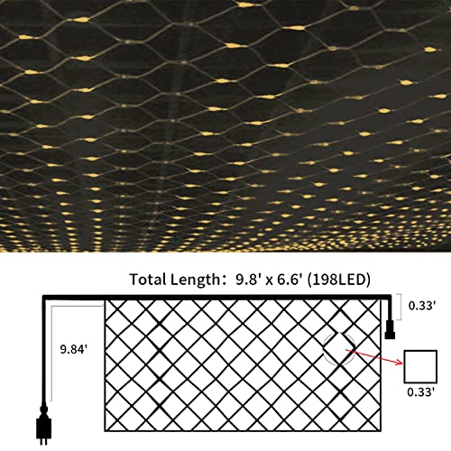 Christmas Net Lights Outdoor 9.8ft x 6.6ft 198 LED Mesh String Lights with Remote 8 Modes Plug in Warm White Fairy Net Lights for Garden Bushes Wedding Halloween Xmas Tree Decorations(Connectable)