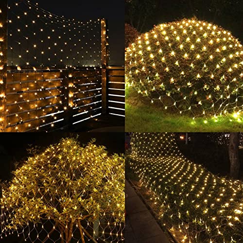 Christmas Net Lights Outdoor 9.8ft x 6.6ft 198 LED Mesh String Lights with Remote 8 Modes Plug in Warm White Fairy Net Lights for Garden Bushes Wedding Halloween Xmas Tree Decorations(Connectable)