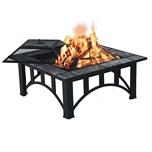 Grand Patio 33" Fire Pits for Outside Square Marble Tile Firepits Includes Steel Fire Poker and Mesh Lid, for Garden,Backyard,Camping