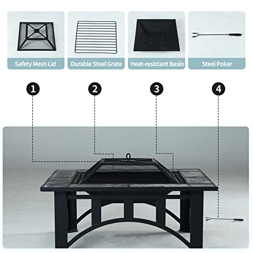 Grand Patio 33" Fire Pits for Outside Square Marble Tile Firepits Includes Steel Fire Poker and Mesh Lid, for Garden,Backyard,Camping