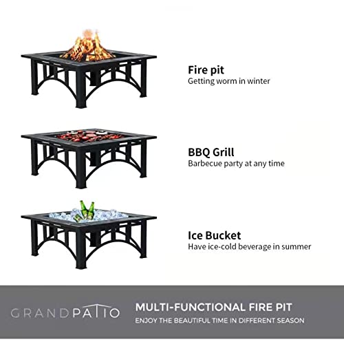 Grand Patio 33" Fire Pits for Outside Square Marble Tile Firepits Includes Steel Fire Poker and Mesh Lid, for Garden,Backyard,Camping