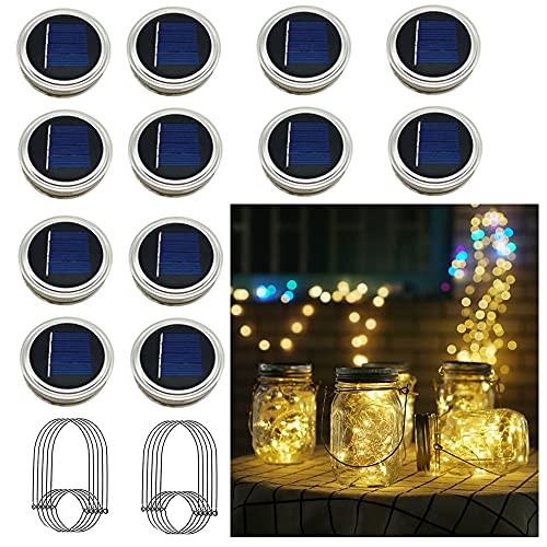 Solar Mason Jar Lights, 12 Pack 30 LED Waterproof Lid Light with Hangers (No Jar), Fairy Firefly Outdoor String Lights for Regular Mason Jar, Patio, Yard, Garden, Wedding Decoration (Warm White)