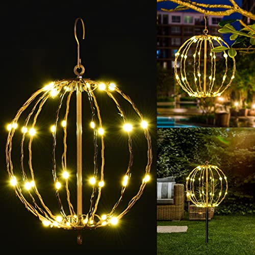 Christmas Ball Light Sphere, 10IN 48LED Hanging Tree Light and Pathway Lights with Hook and Stake, Foldable Metal Frame Light Ball for Outdoor Garden, UL Listed, Brown Frame, Warm White