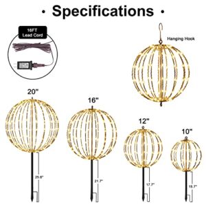 Christmas Ball Light Sphere, 10IN 48LED Hanging Tree Light and Pathway Lights with Hook and Stake, Foldable Metal Frame Light Ball for Outdoor Garden, UL Listed, Brown Frame, Warm White