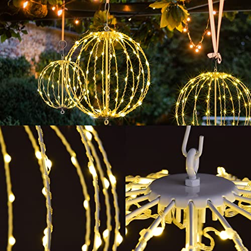 Christmas Ball Light Sphere, 10IN 48LED Hanging Tree Light and Pathway Lights with Hook and Stake, Foldable Metal Frame Light Ball for Outdoor Garden, UL Listed, Brown Frame, Warm White