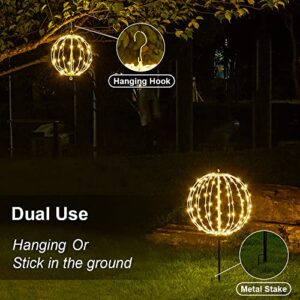 Christmas Ball Light Sphere, 10IN 48LED Hanging Tree Light and Pathway Lights with Hook and Stake, Foldable Metal Frame Light Ball for Outdoor Garden, UL Listed, Brown Frame, Warm White