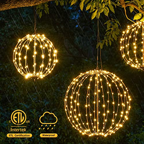 Christmas Ball Light Sphere, 10IN 48LED Hanging Tree Light and Pathway Lights with Hook and Stake, Foldable Metal Frame Light Ball for Outdoor Garden, UL Listed, Brown Frame, Warm White