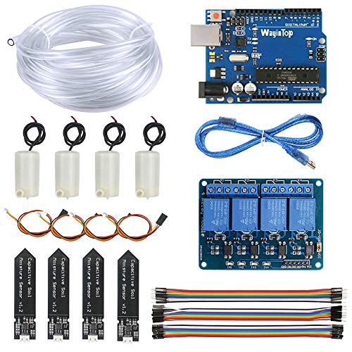 WayinTop Upgrade Automatic Irrigation DIY Kit Self Watering System for Garden Plant, Development Board + 4pcs Soil Moisture Sensor + 4 Channel Relay + 4pcs Water Pump + 5M Vinyl Tubing + Jumper Wire