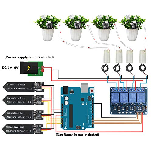 WayinTop Upgrade Automatic Irrigation DIY Kit Self Watering System for Garden Plant, Development Board + 4pcs Soil Moisture Sensor + 4 Channel Relay + 4pcs Water Pump + 5M Vinyl Tubing + Jumper Wire