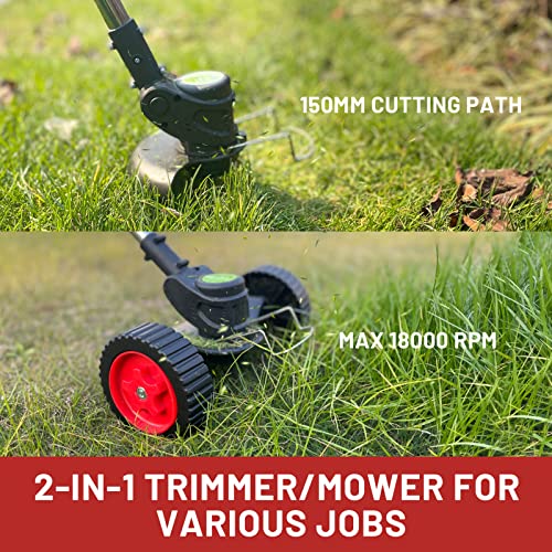 Cordless Trimmer Weed MowerTrimmer,Lightweight 3-IN-1 with Edger Tool,Mower for Garden and Yard, ,3 Kinds of Blades,Liiion Battery ,21V 2Ah ,Red