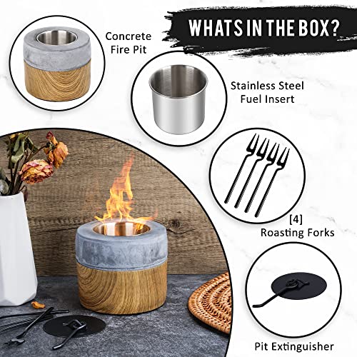 NOCOAL Tabletop Fire Pit with Roasting Forks - Indoor/Outdoor Mini Fireplace - Perfect for Smores - Clean Burning, Real Flame, Concrete Bonfire Bowl fuelled with Rubbing Alcohol or Bioethanol Fuel