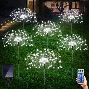 6 pack outdoor solar garden lights, solar firework lights,120 led waterproof solar lamps decorative, fireworks lamp, 8 modes landscape lights with remote for pathway backyard walkway patio(cool white)