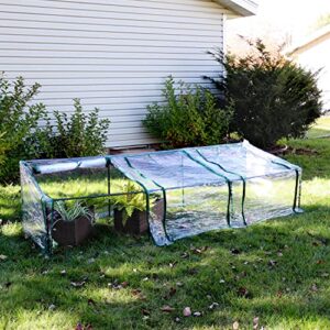 Sunnydaze Mini Cloche Greenhouse with Zipper Doors - Portable Greenhouse with 3 Doors and Slanted Top - Steel Wire Frame with PVC Plastic Cover - Outdoor Mini Greenhouse - Clear