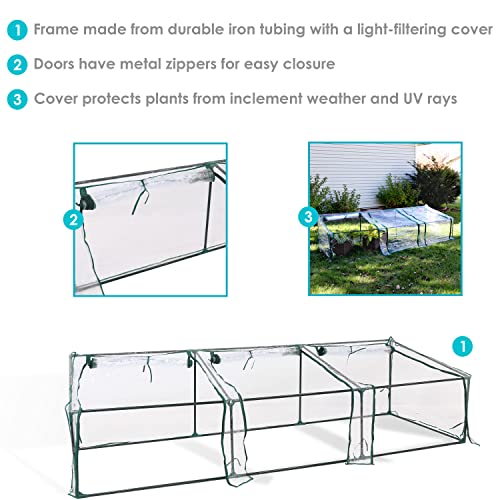 Sunnydaze Mini Cloche Greenhouse with Zipper Doors - Portable Greenhouse with 3 Doors and Slanted Top - Steel Wire Frame with PVC Plastic Cover - Outdoor Mini Greenhouse - Clear