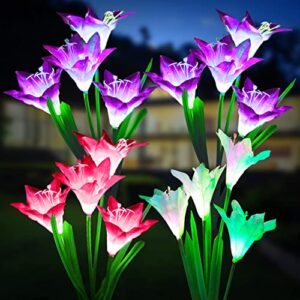 kooper outdoor solar lights, 4 pack solar garden lights with bigger lily flowers, waterproof 7 color changing outdoor lights – bigger solar panel for outdoor patio yard garden decoration