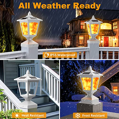 HENRE Solar Post Light,Outdoor Deck Fence Post Cap Flame Light,Waterproof 4x4 5x5 6x6 Black Post Top LED Light,2 Pack 3.5x3.5 Decorative Garden Solar Powered Flickering Light