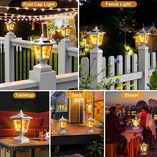 HENRE Solar Post Light,Outdoor Deck Fence Post Cap Flame Light,Waterproof 4x4 5x5 6x6 Black Post Top LED Light,2 Pack 3.5x3.5 Decorative Garden Solar Powered Flickering Light