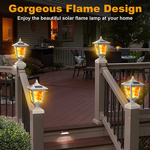 HENRE Solar Post Light,Outdoor Deck Fence Post Cap Flame Light,Waterproof 4x4 5x5 6x6 Black Post Top LED Light,2 Pack 3.5x3.5 Decorative Garden Solar Powered Flickering Light