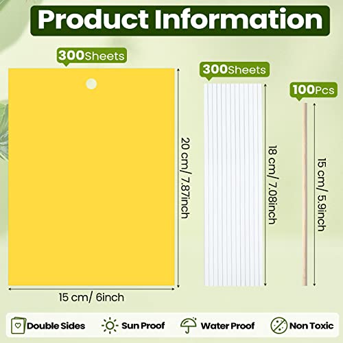 300 Sheets Fruit Fly Trap Yellow Sticky Gnat Traps Double Sided Gnat Traps Fruit Fly Killer with 300 Pcs Twist Ties 100 Pcs Wooden Sticks for House Indoor Outdoor Plants