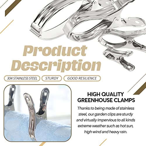 Wokape 10Pcs 6.3 Inch Stainless Steel Garden Clips, Heavy Duty Clamps with Large Open, Strong Grip Clips for Greenhouse Plant Cover Netting/ Garden Shade Cloth/ Beach Towel/ Clothespins/ Quilt