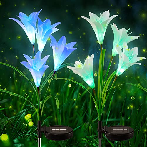 mimigogo Solar Garden Stake Lights,2 Pack Outdoor Waterproof Solar Powered Lights with 8 Lily Flowers, 7 Colors Changing LED Solar Lights for Garden, Patio, Backyard(Blue White)