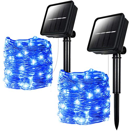 Solar Fairy String Lights Outdoor: 2 Pack Waterproof Copper Wire Lights - Each 39.5FT 120 LED - 8 Modes - Christmas - Yard -Garden - Blue